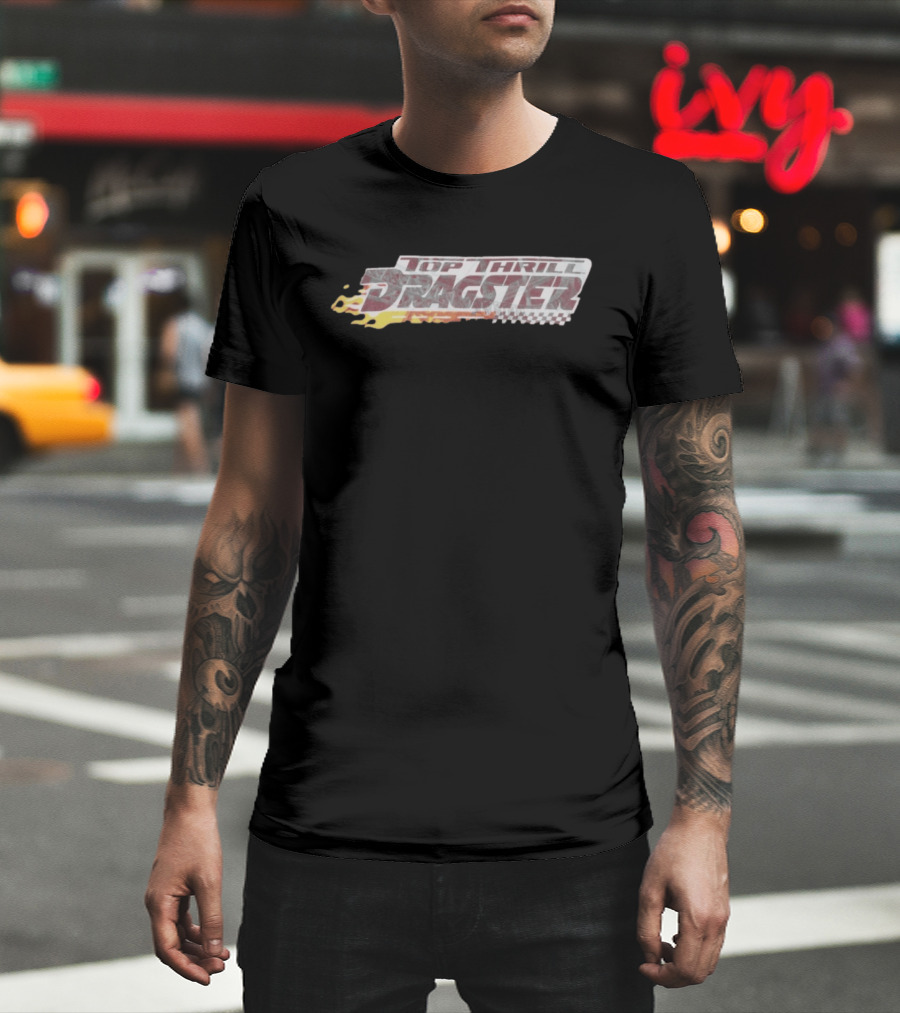 Top Thrill Dragster Flames And Racing Checkered Accents T-Shirt