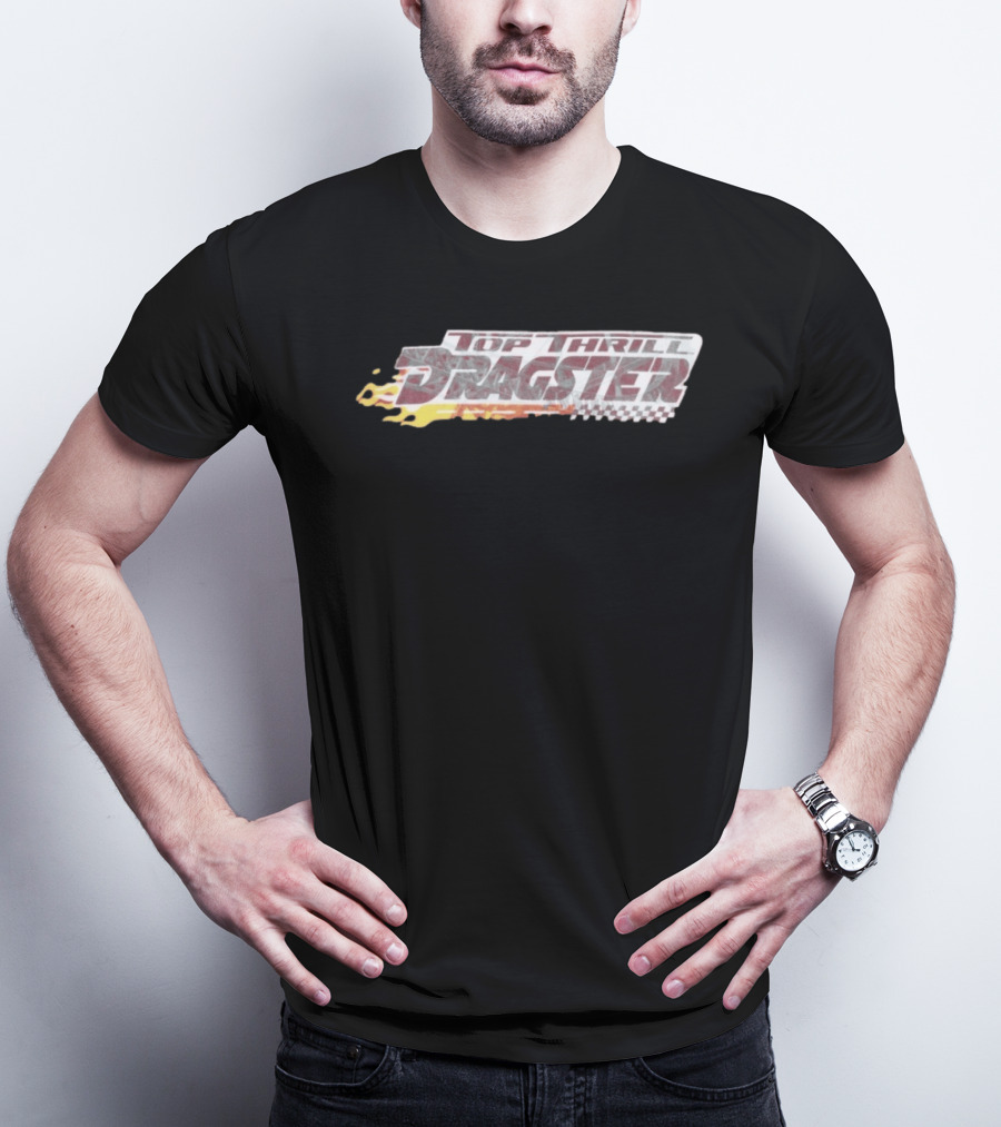 Top Thrill Dragster Flames And Racing Checkered Accents T-Shirt
