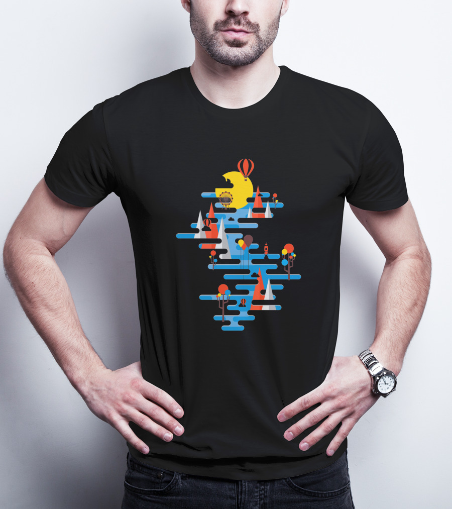 A Beautiful Day Hot Air Balloons Sailing Sun And Geometric Landscape T-Shirt