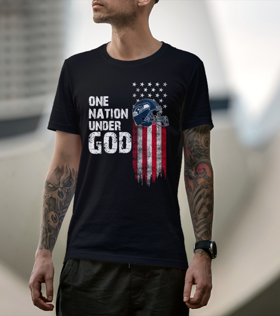 Seattle Seahawks One Nation Under God Flag Helmet T-Shirt