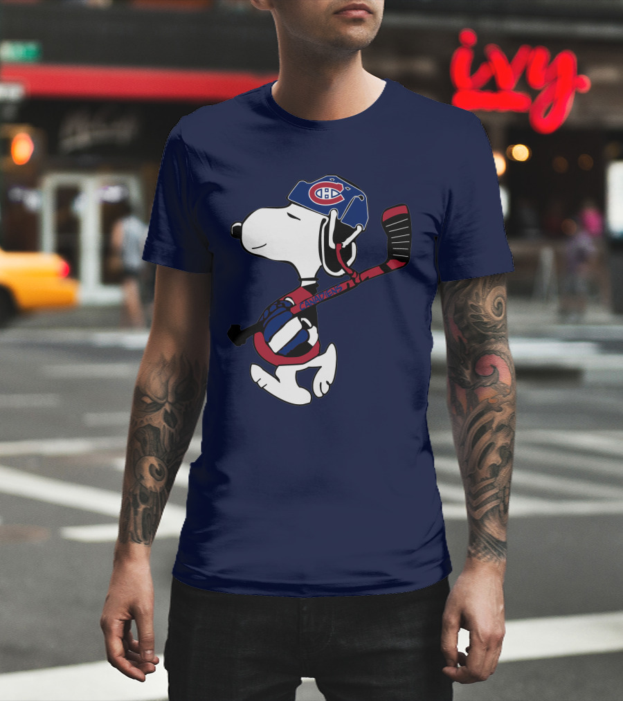 Snoopy Montreal Canadiens Hockey Helmet And Stick T-Shirt
