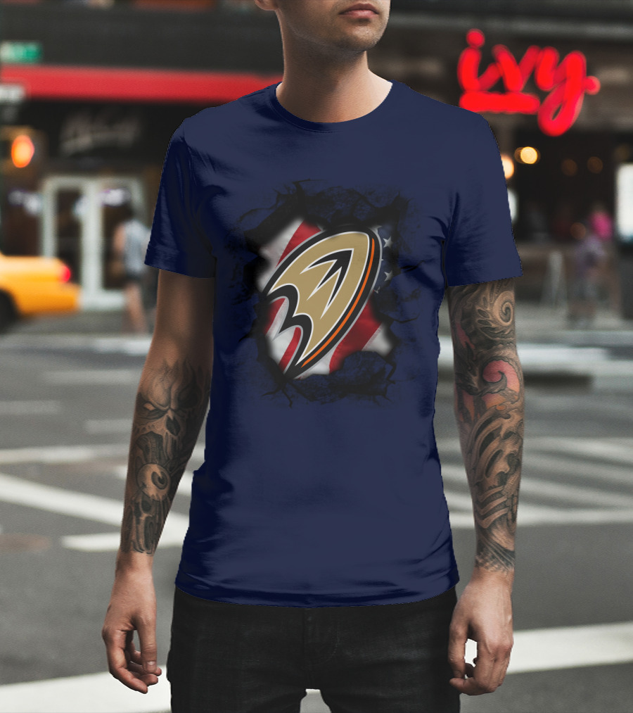Anaheim Ducks Logo With American Flag Backdrop T-Shirt