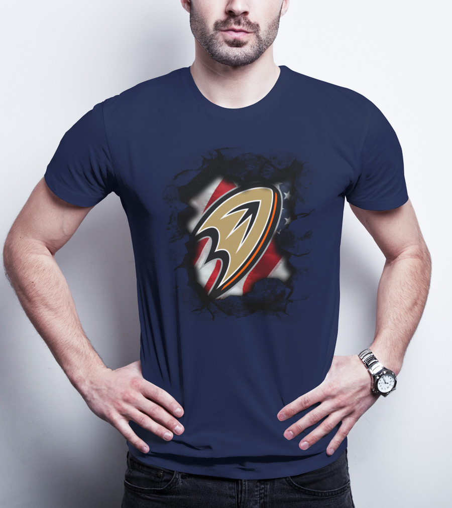 Anaheim Ducks Logo With American Flag Backdrop T-Shirt