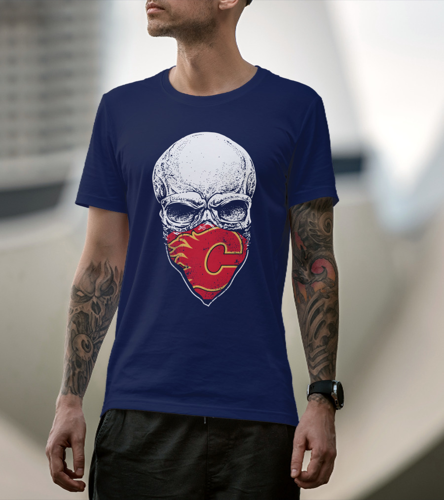 Skull With Calgary Flames Logo Facemask T-Shirt
