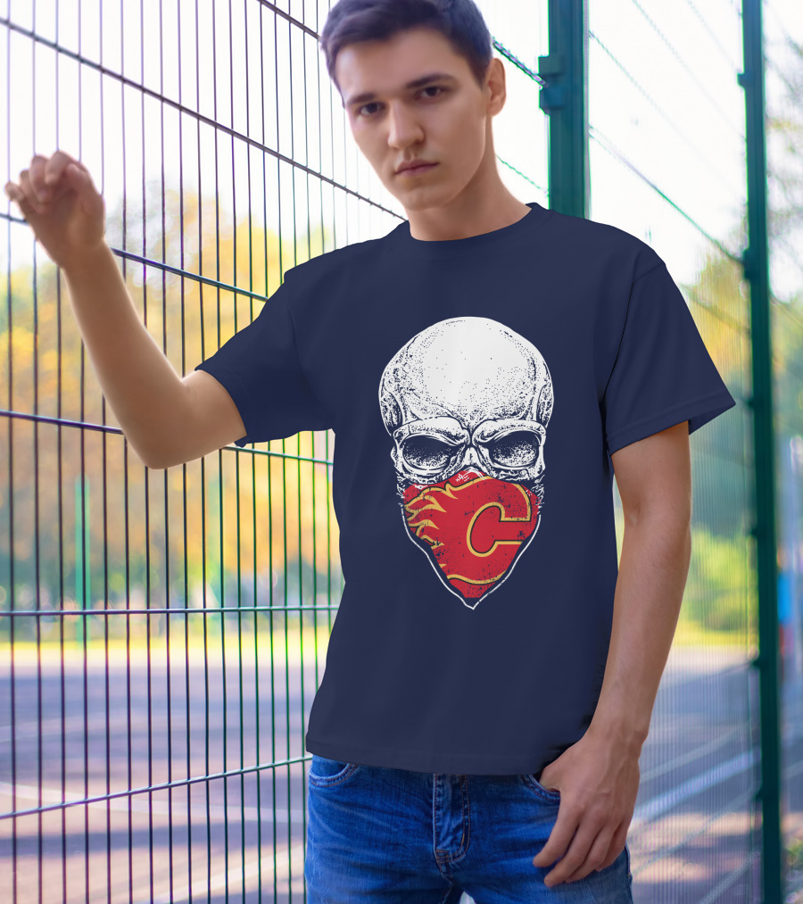 Skull With Calgary Flames Logo Facemask T-Shirt