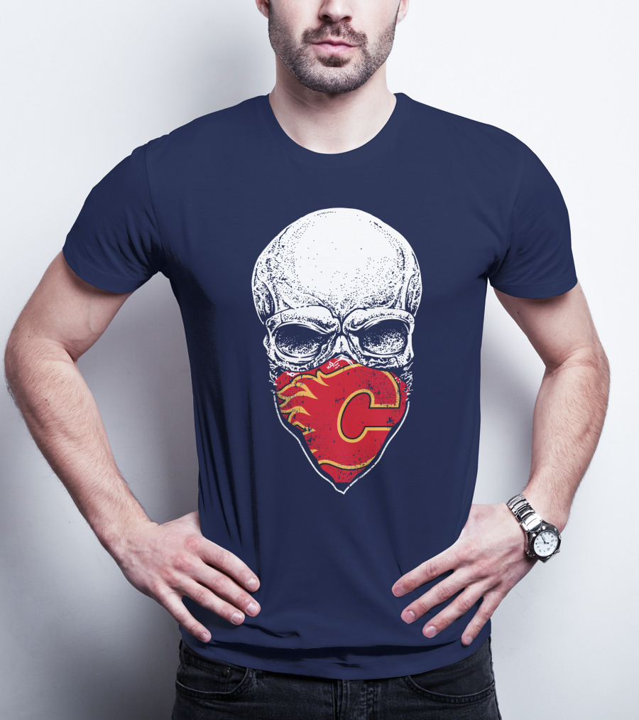 Skull With Calgary Flames Logo Facemask T-Shirt