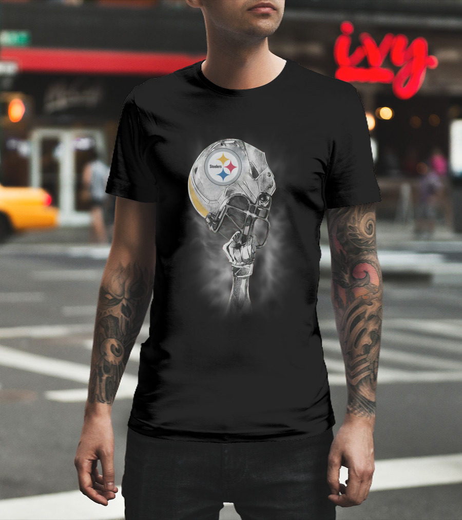 Pittsburgh Steelers Metallic Football Helmet With Steelworker’s Arm Raised High T-Shirt