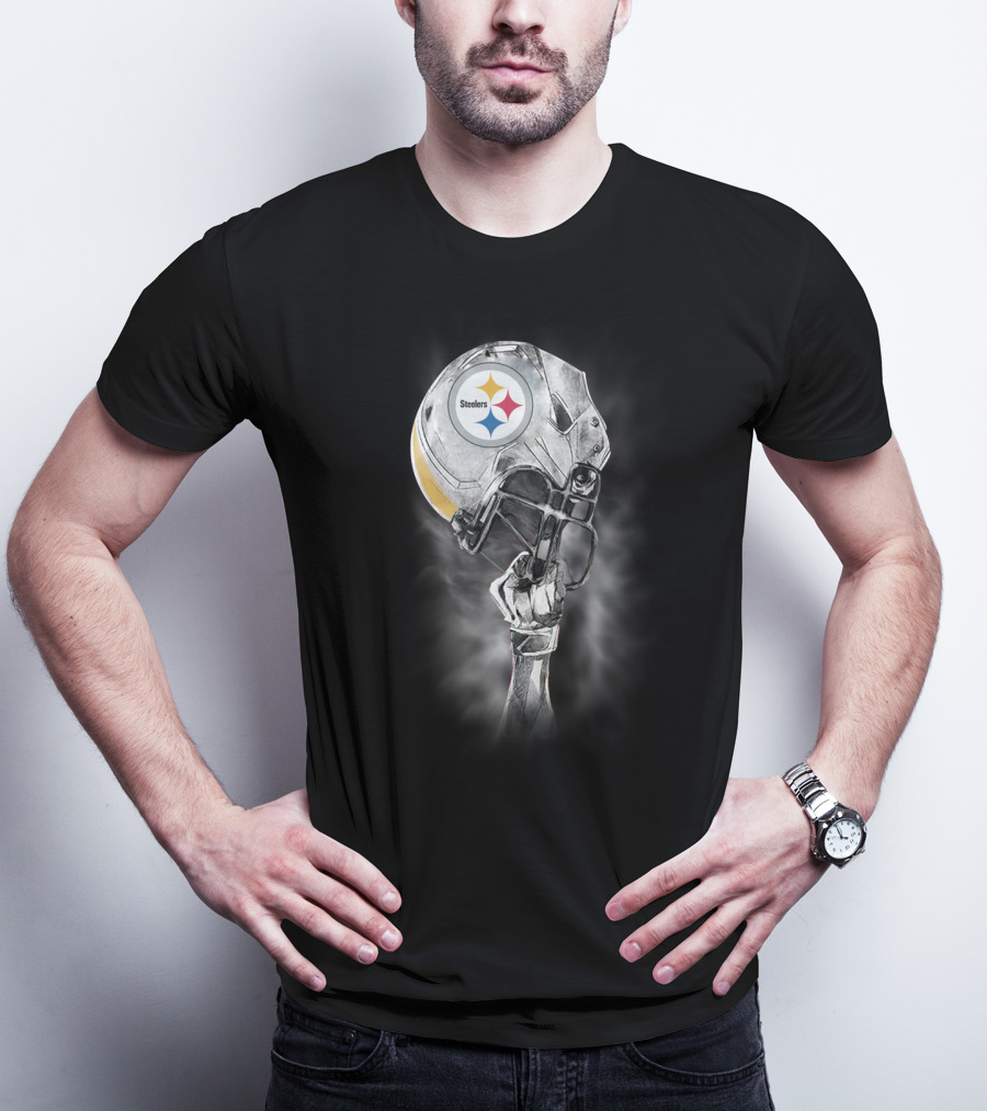 Pittsburgh Steelers Metallic Football Helmet With Steelworker’s Arm Raised High T-Shirt