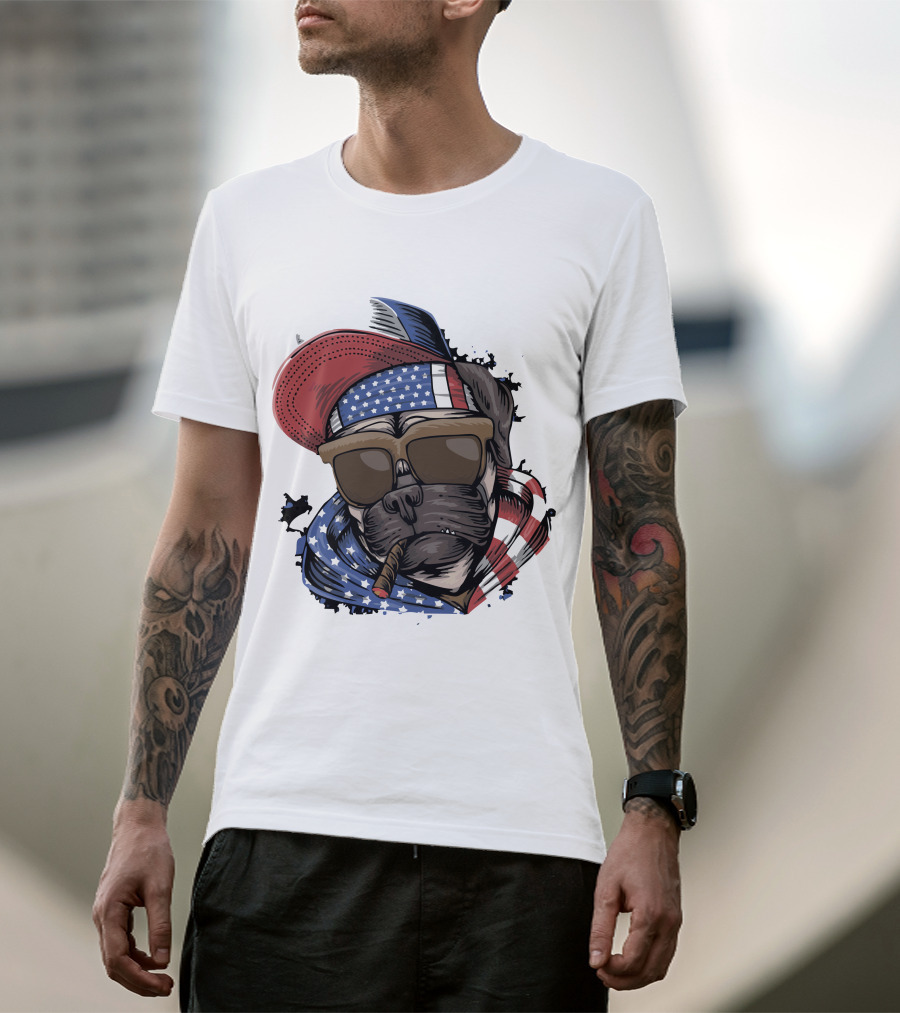 Pit Bull Boss American Flag Sunglasses Bandana Cigar Cool Dog T-Shirt