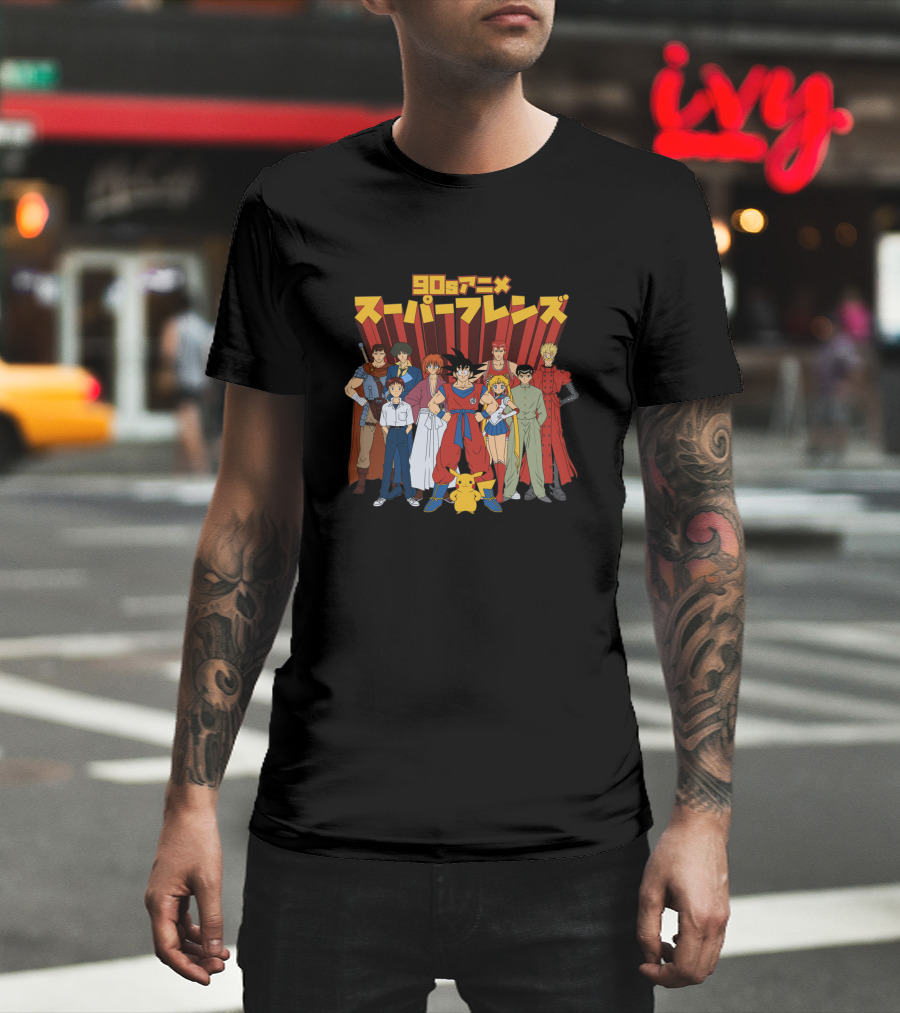 90s Anime Super Friends Characters Pikachu Japanese Text T-Shirt