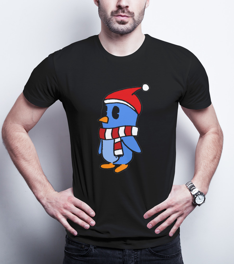 Crudely Handdrawn Pengu 763669 In Santa Hat With Red And White Scarf T-Shirt