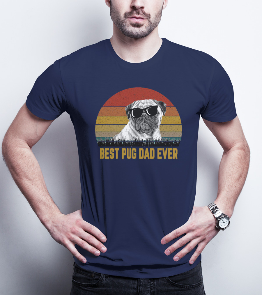 Best Pug Dad Ever Sunglasses Retro Sunset Background T-Shirt