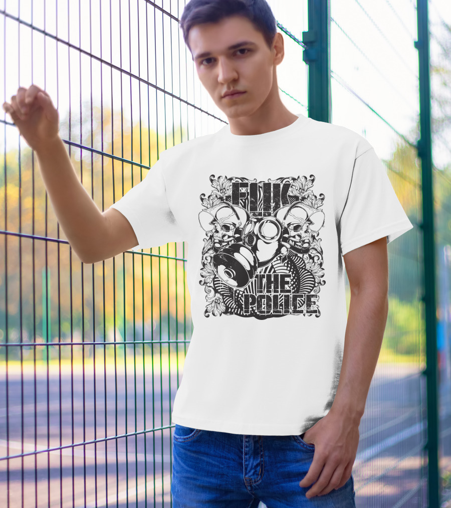 Fuk The Police Gas Mask Skull T-Shirt