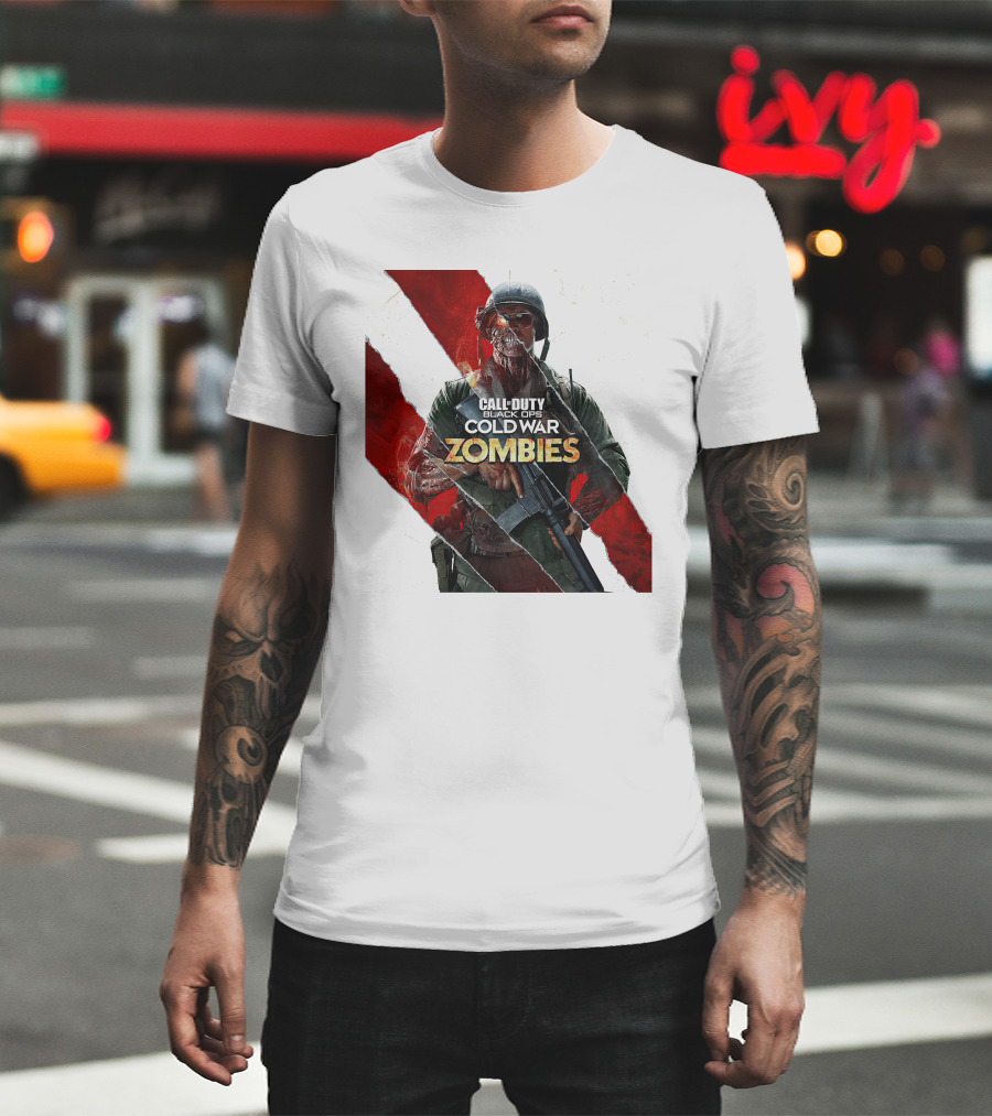 Call Of Duty Black Ops Cold War Zombies Soldier With Gun And Red Torn Stripes T-Shirt