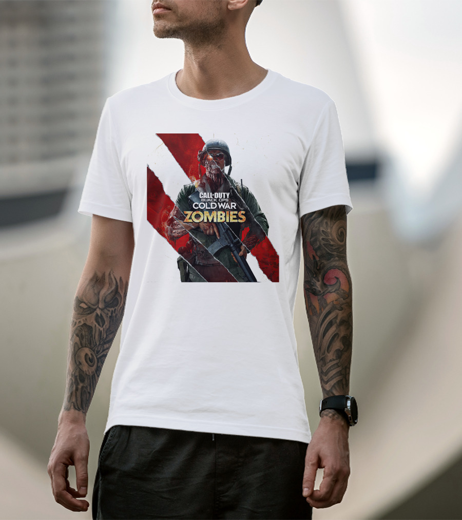 Call Of Duty Black Ops Cold War Zombies Soldier With Gun And Red Torn Stripes T-Shirt