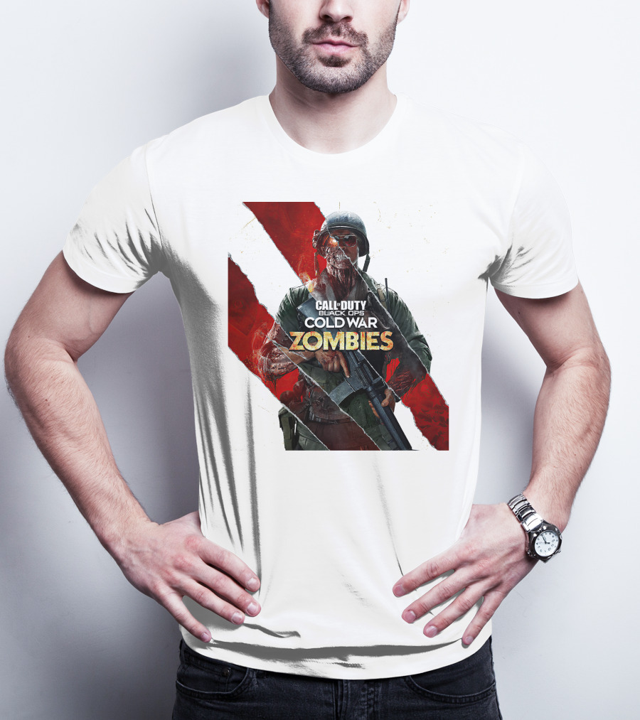 Call Of Duty Black Ops Cold War Zombies Soldier With Gun And Red Torn Stripes T-Shirt