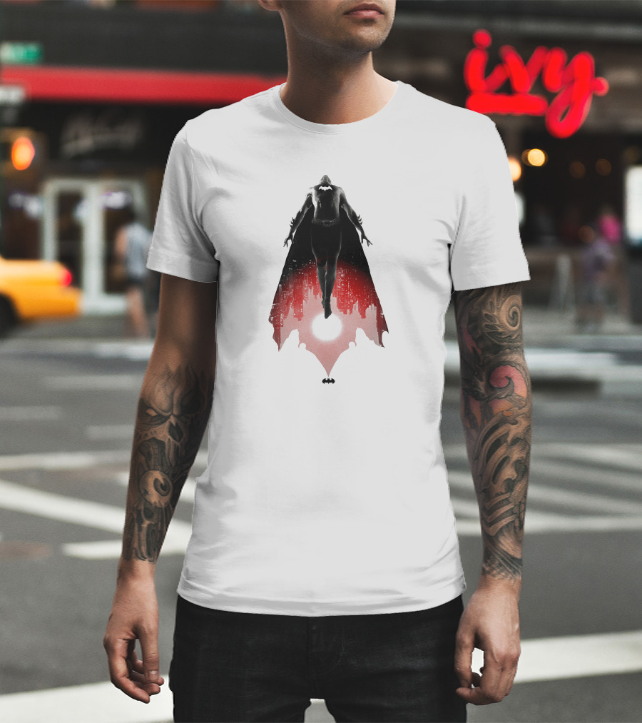 Batman Rising Over Gotham City Silhouette Red And Black T-Shirt