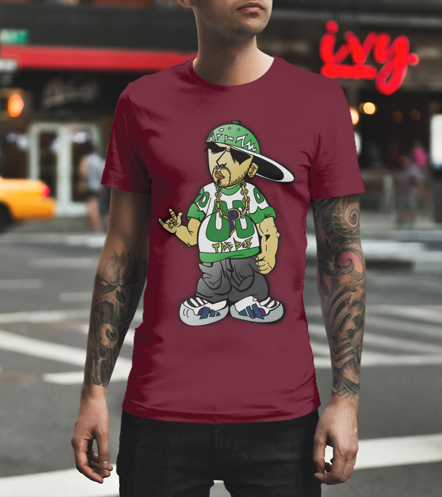 HipHop Cartoon Character With UP The Posse On Green Snapback And Chain T-Shirt