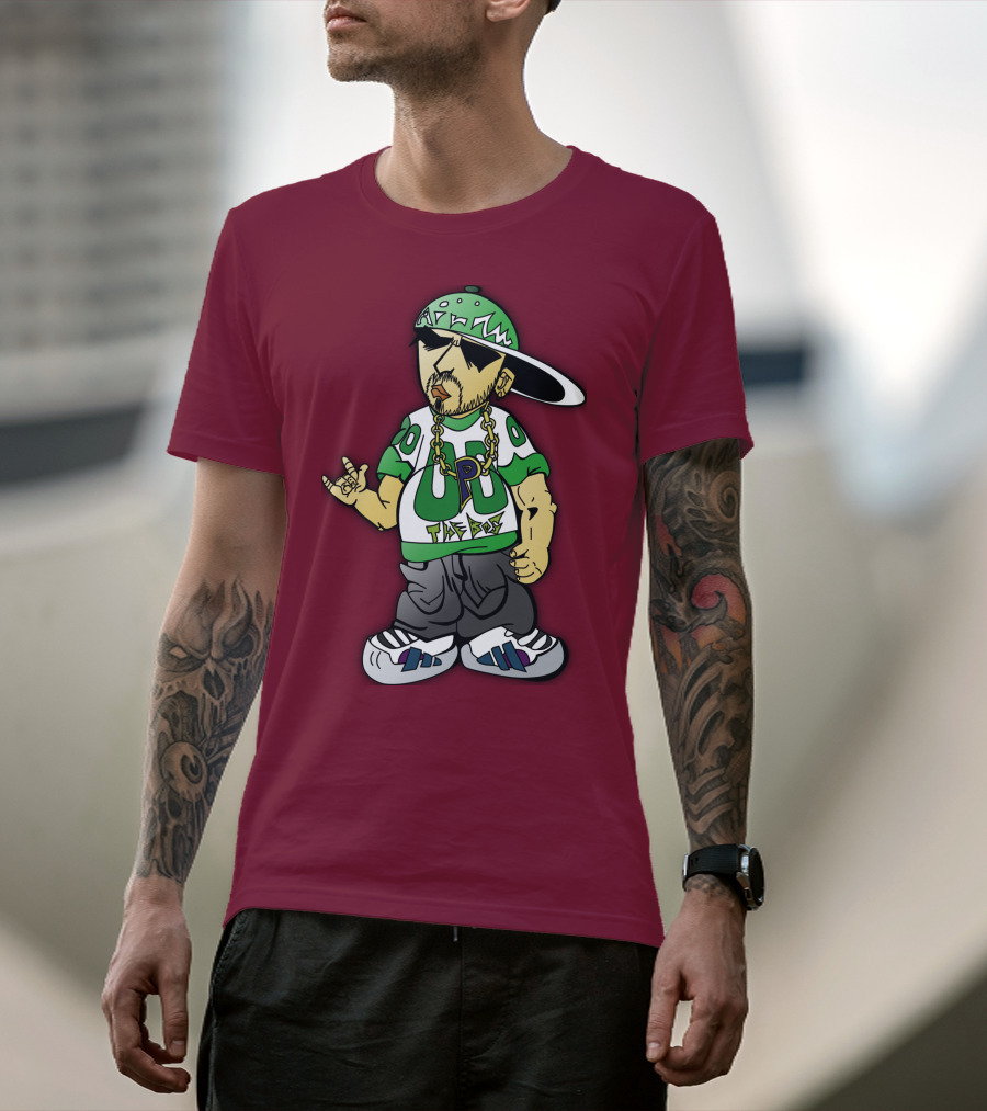 HipHop Cartoon Character With UP The Posse On Green Snapback And Chain T-Shirt
