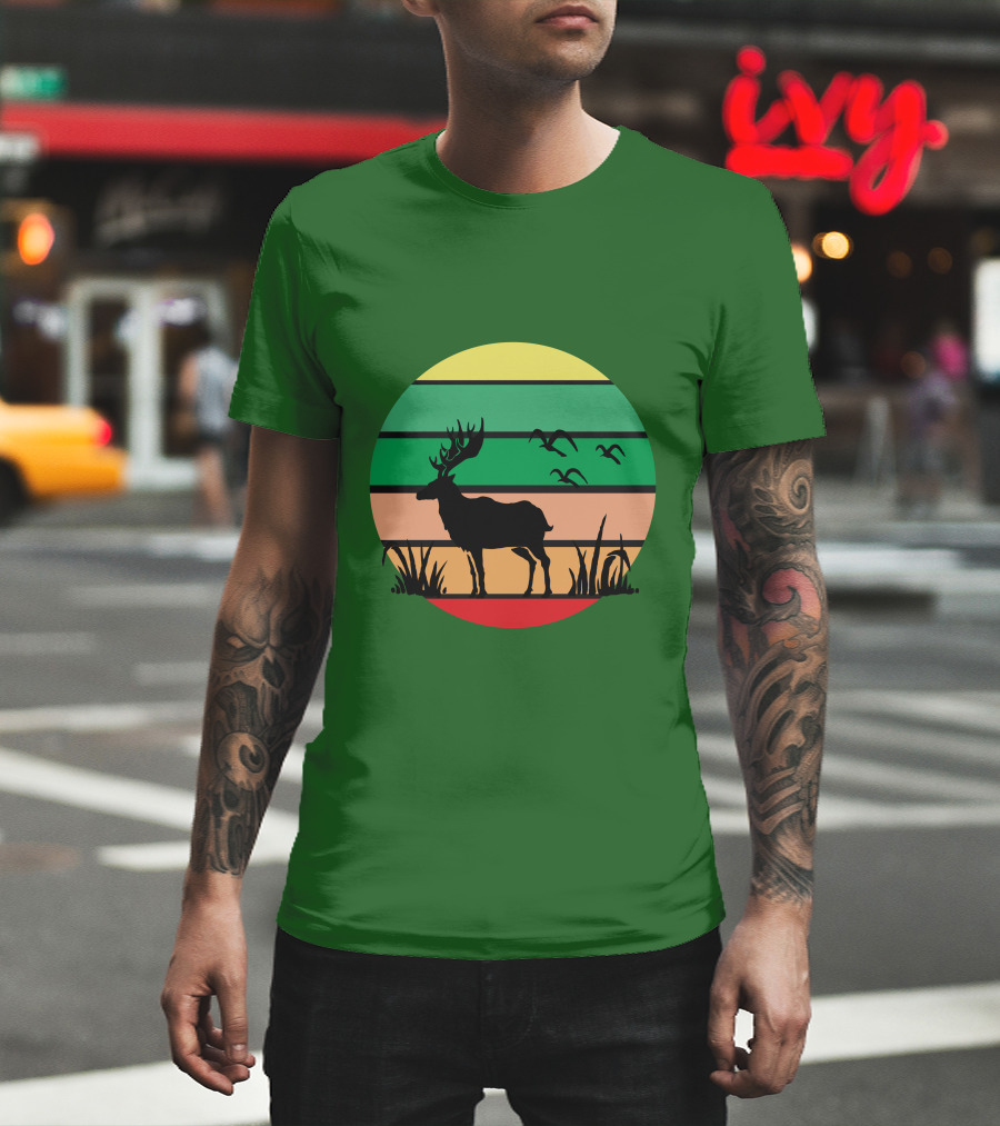 Lonely Reindeer Under The Sunset With Striped Background And Birds T-Shirt