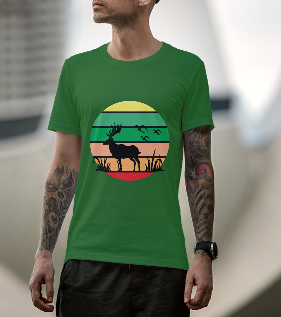 Lonely Reindeer Under The Sunset With Striped Background And Birds T-Shirt