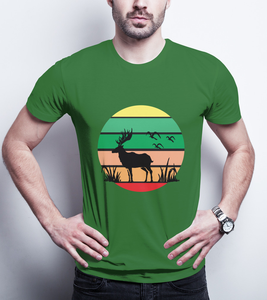 Lonely Reindeer Under The Sunset With Striped Background And Birds T-Shirt