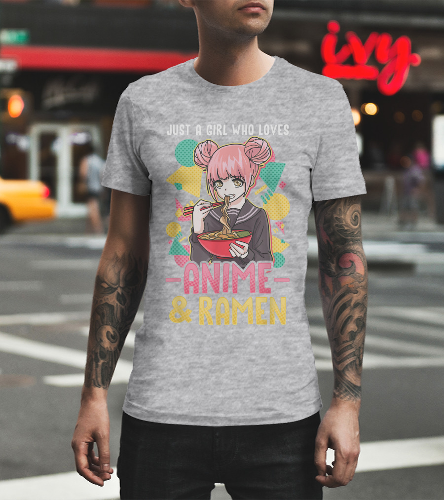 Just A Girl Who Loves Anime And Ramen With Pink-Haired Character Eating Noodles T-Shirt