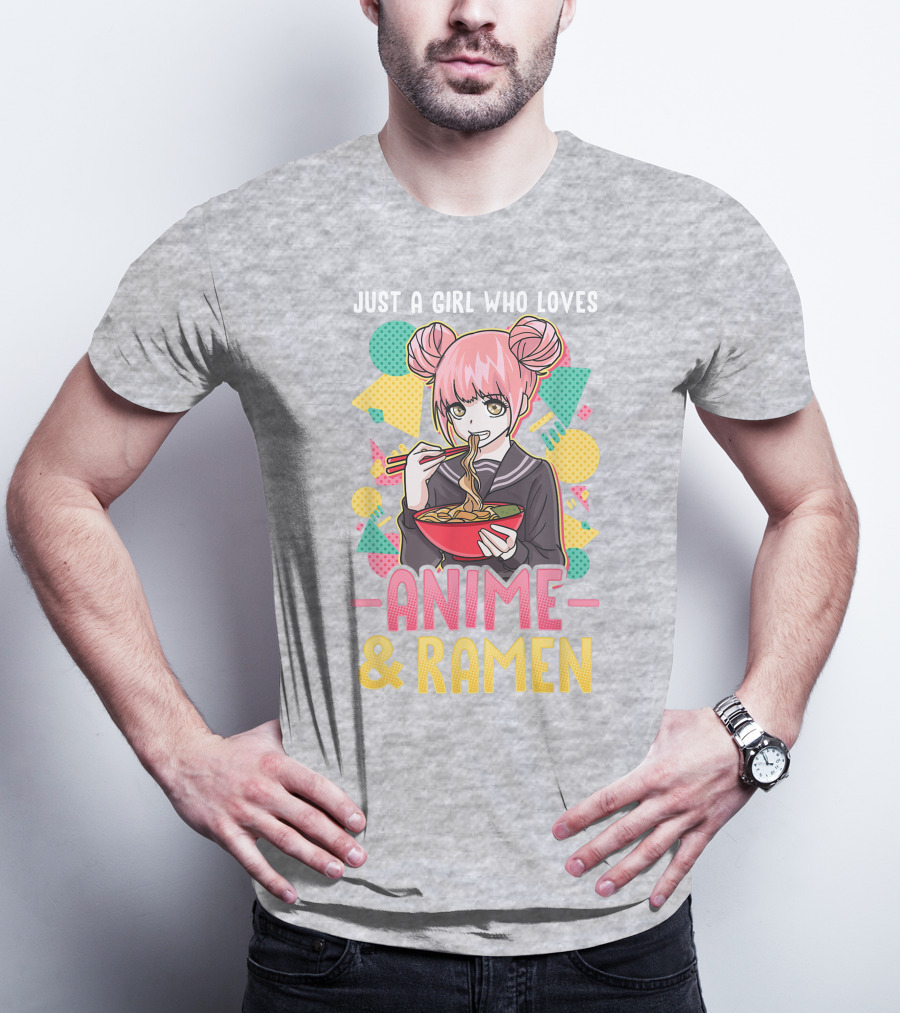 Just A Girl Who Loves Anime And Ramen With Pink-Haired Character Eating Noodles T-Shirt