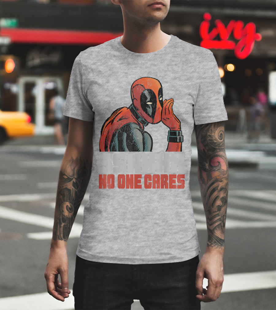 Marvel Deadpool SSHHHH No One Cares Whisper Red And Black Suit Hero T-Shirt