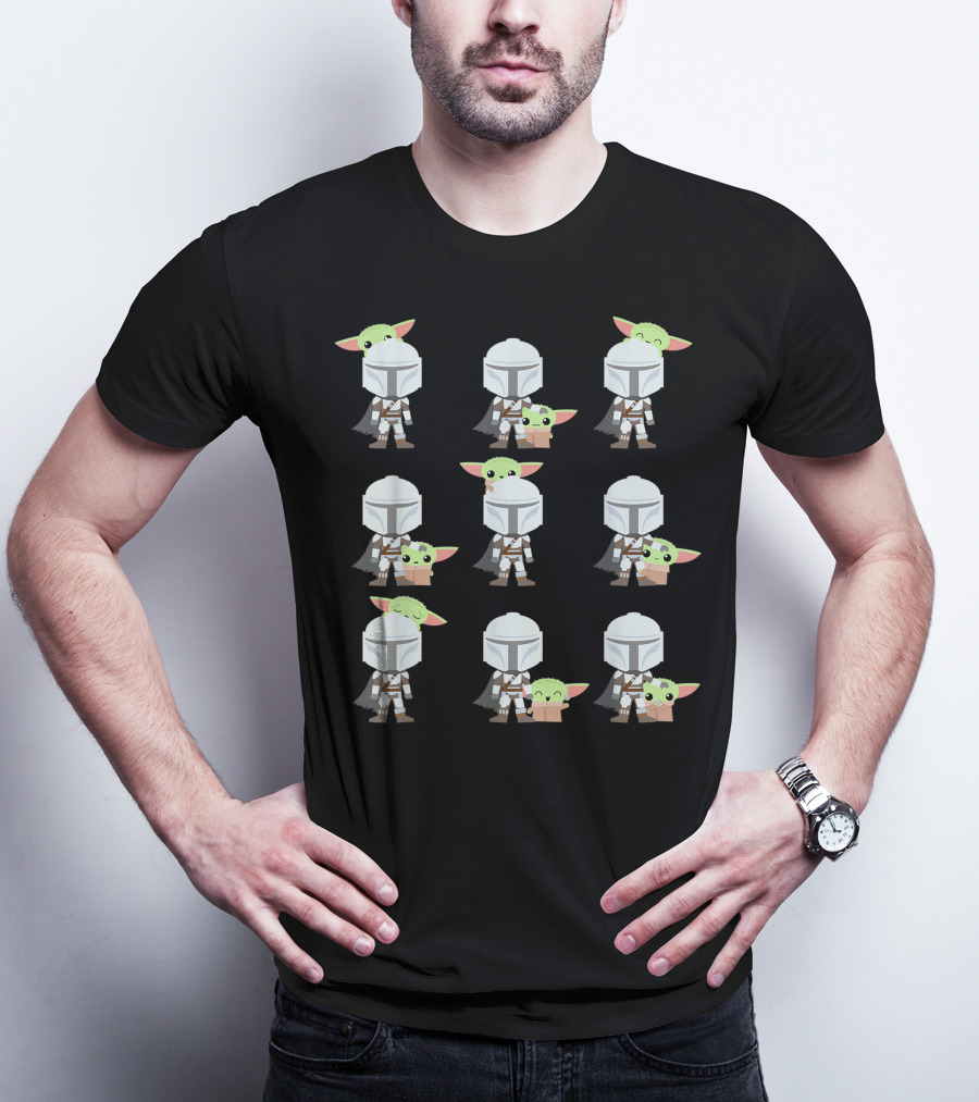 Star Wars The Mandalorian Baby Yoda Expressions Multiple Poses With Helmeted Hero T-Shirt
