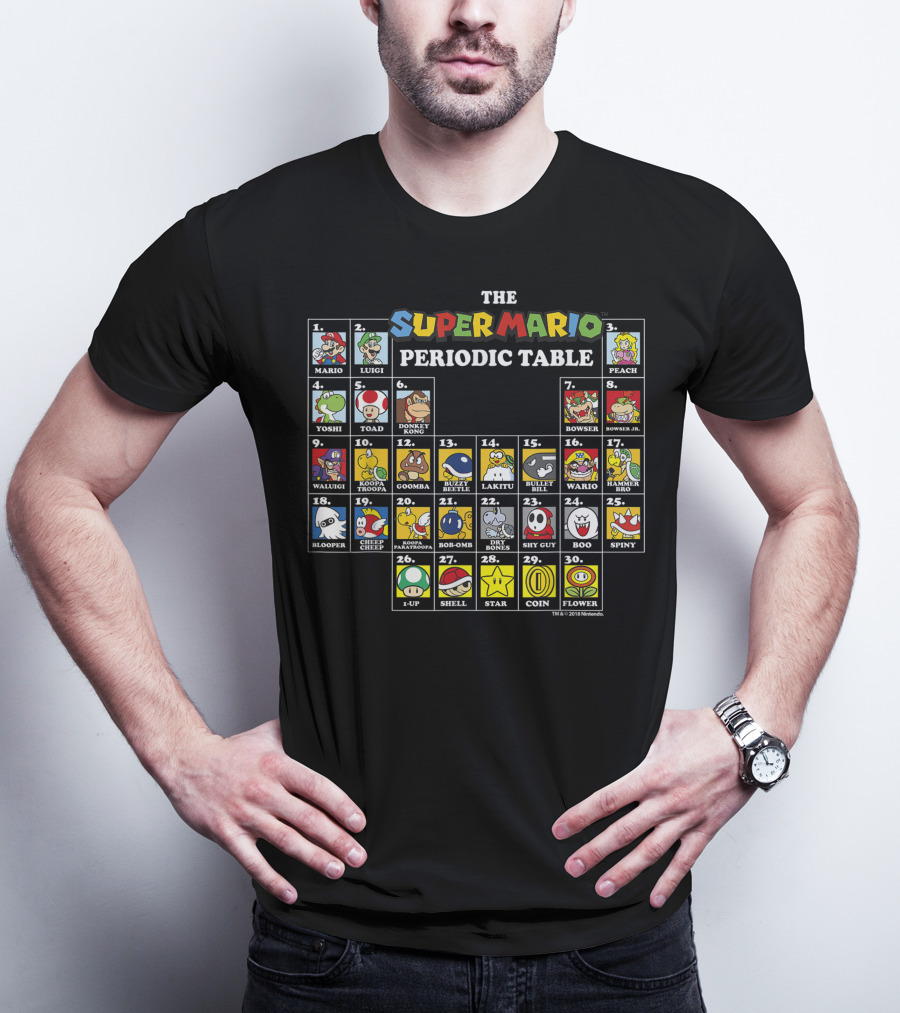 Super Mario Periodic Table Featuring Luigi Peach Yoshi Bowser Toad Donkey Kong And More Iconic Characters T-Shirt