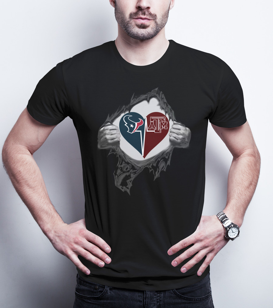 Houston Texans And Texas A&M Aggies Heart Torn Chest T-Shirt
