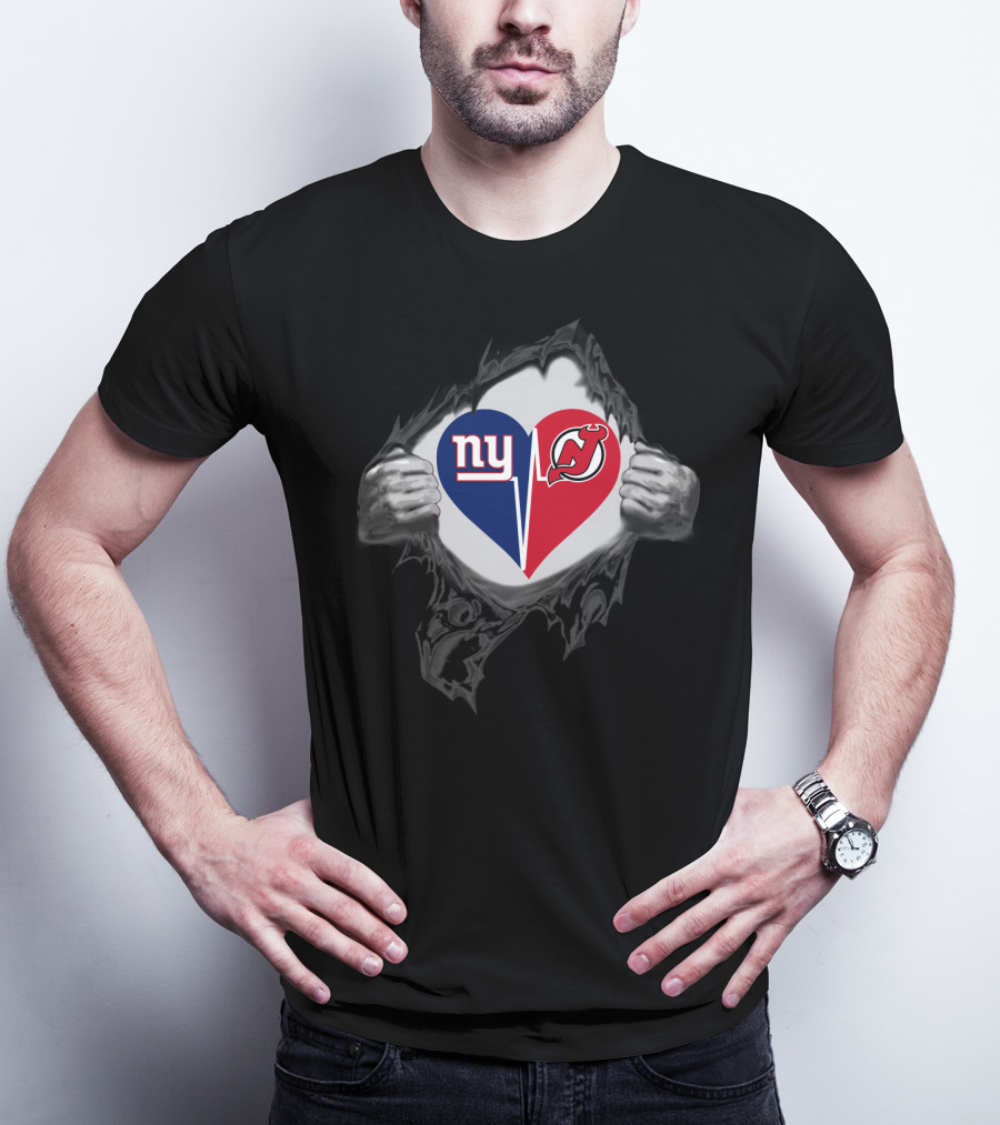 Ny Giants New Jersey Devils Heart Logo Nfl Nhl Fan Fusion T-Shirt