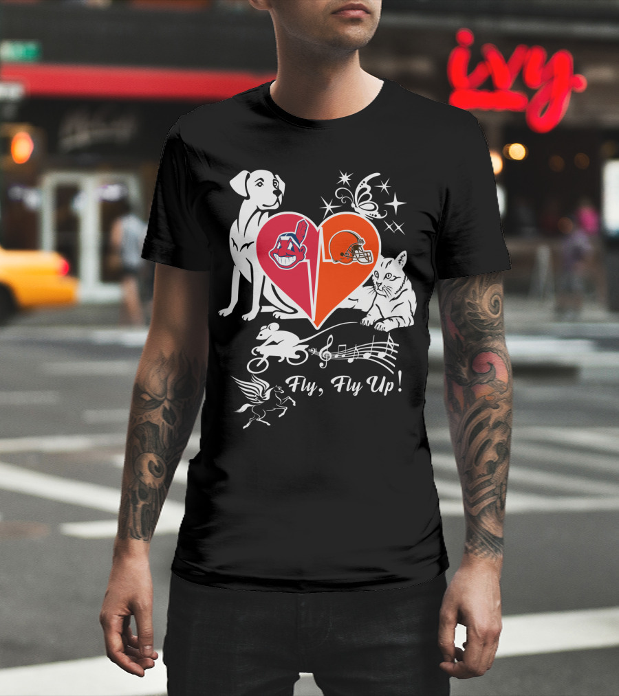 Fly Fly Up Browns Indians Dog Cat Heart Butterfly Music Notes T-Shirt