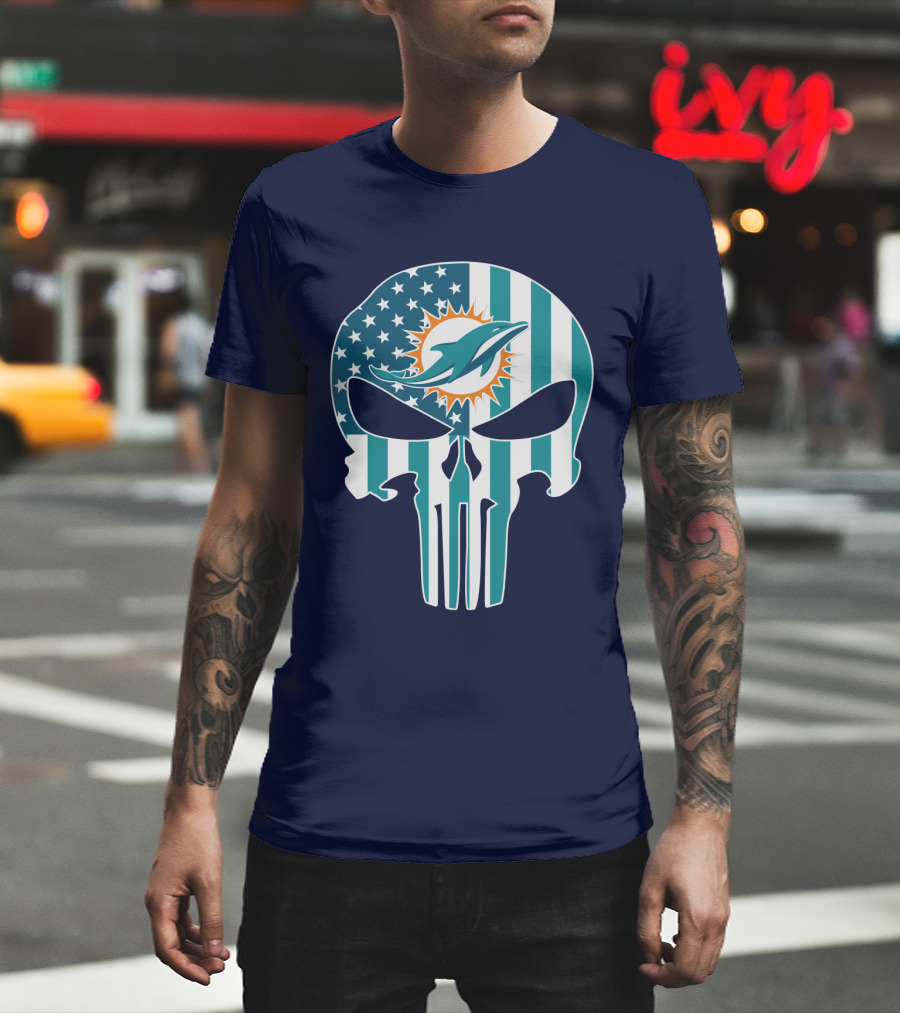 Miami Dolphins Punisher Skull American Flag T-Shirt