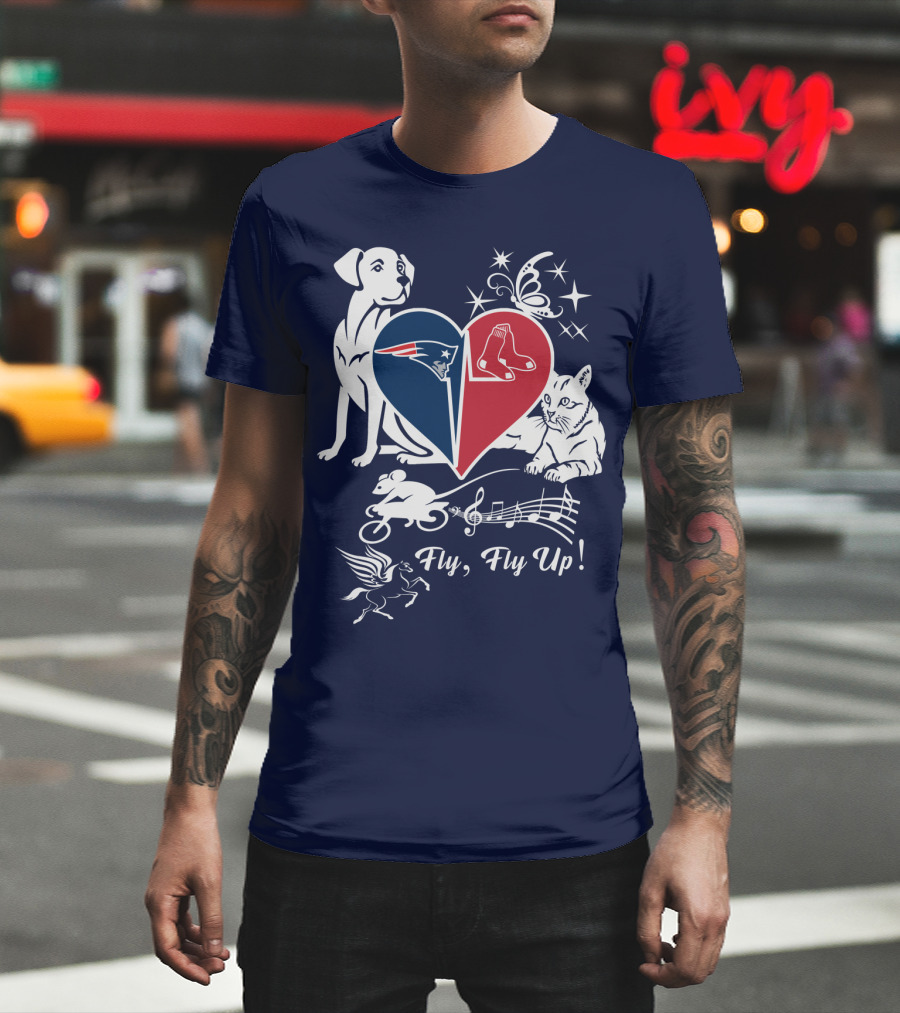 New England Patriots Red Sox Heart With Animals And Fly Fly Up T-Shirt