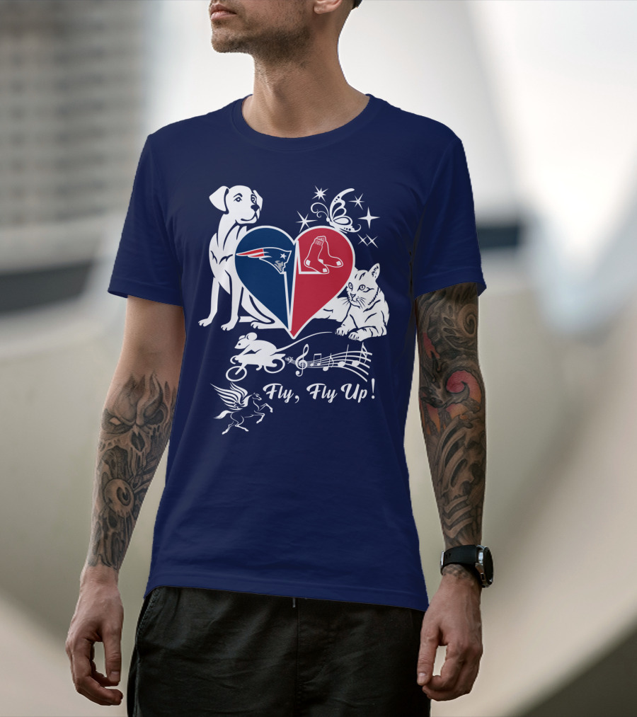 New England Patriots Red Sox Heart With Animals And Fly Fly Up T-Shirt