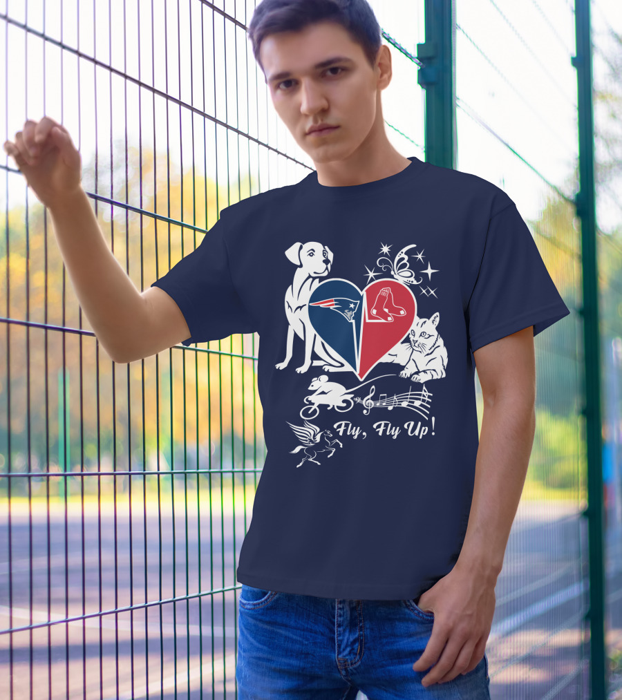 New England Patriots Red Sox Heart With Animals And Fly Fly Up T-Shirt