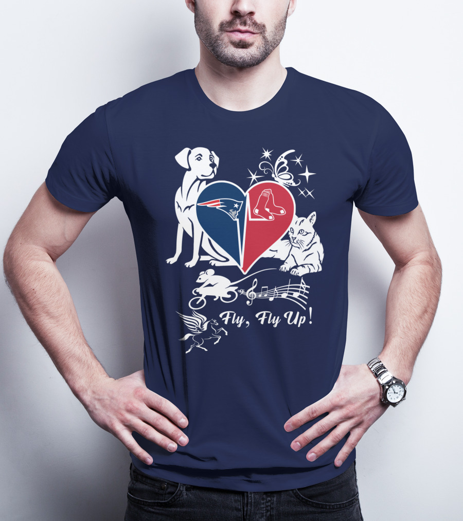 New England Patriots Red Sox Heart With Animals And Fly Fly Up T-Shirt