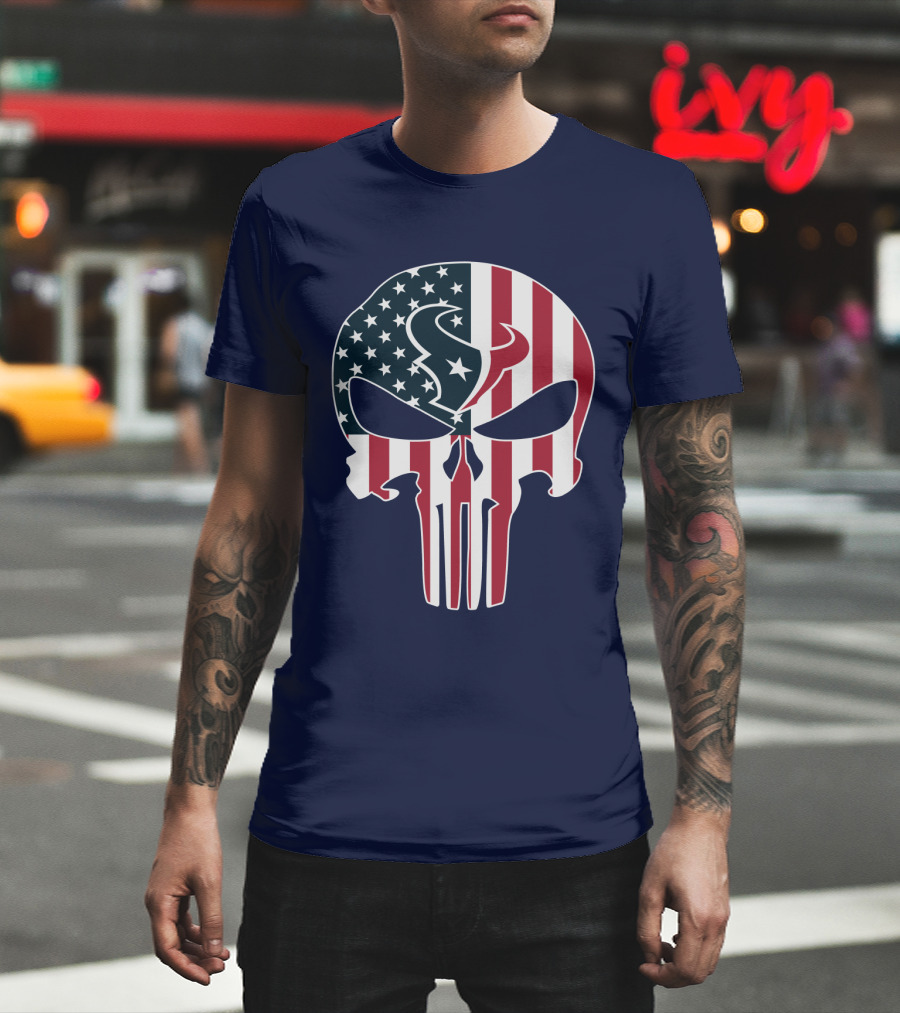 Texans Punisher Skull American Flag T-Shirt