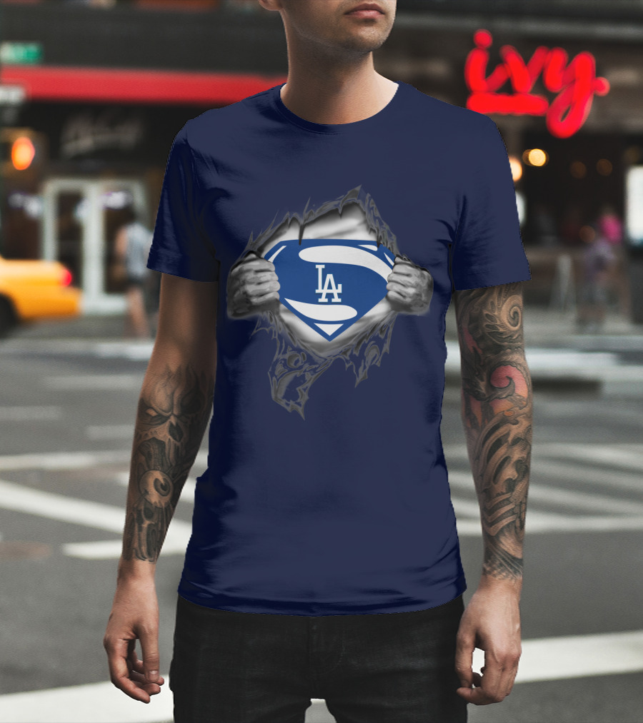 Superman Style Los Angeles Dodgers Logo On Blue T-Shirt