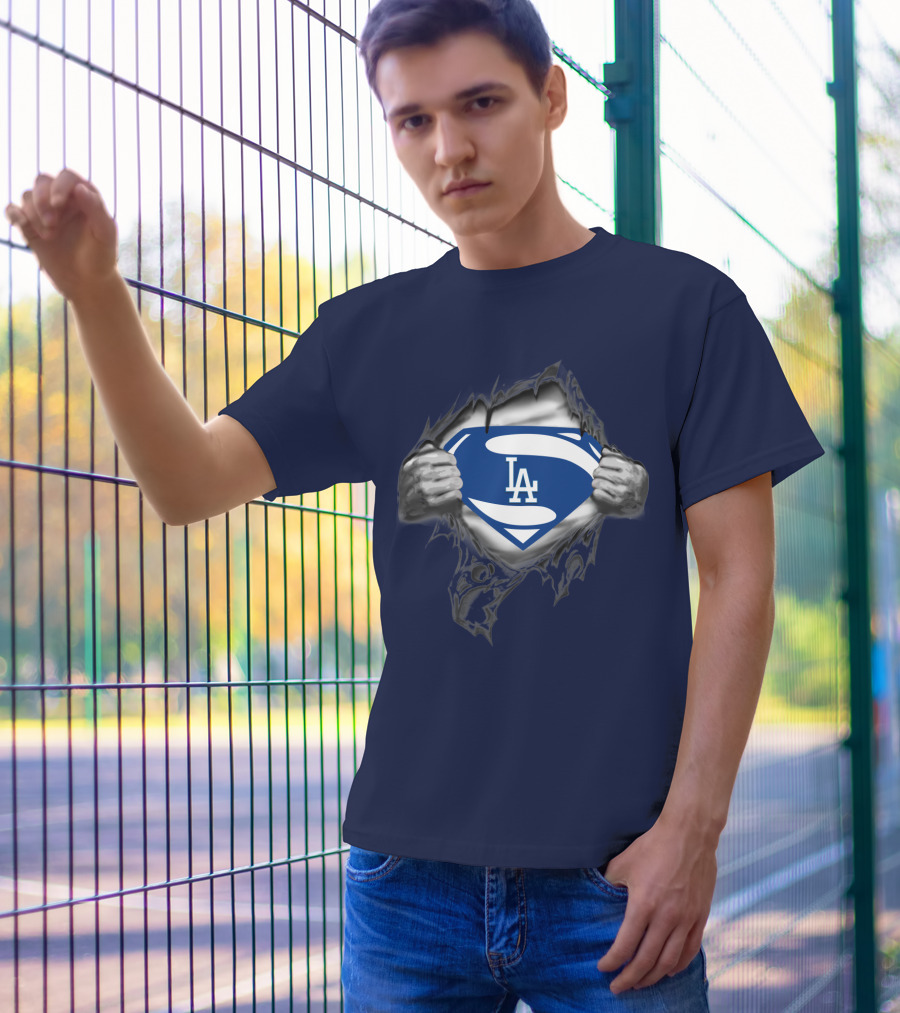 Superman Style Los Angeles Dodgers Logo On Blue T-Shirt
