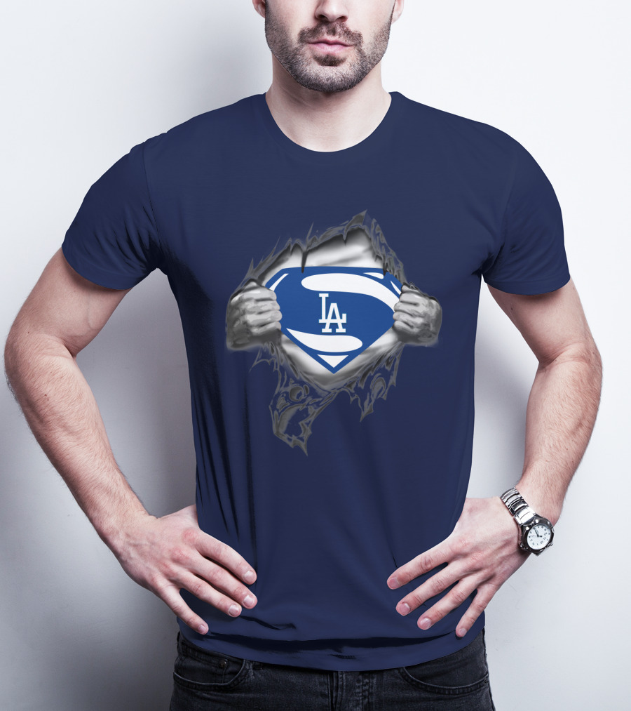 Superman Style Los Angeles Dodgers Logo On Blue T-Shirt