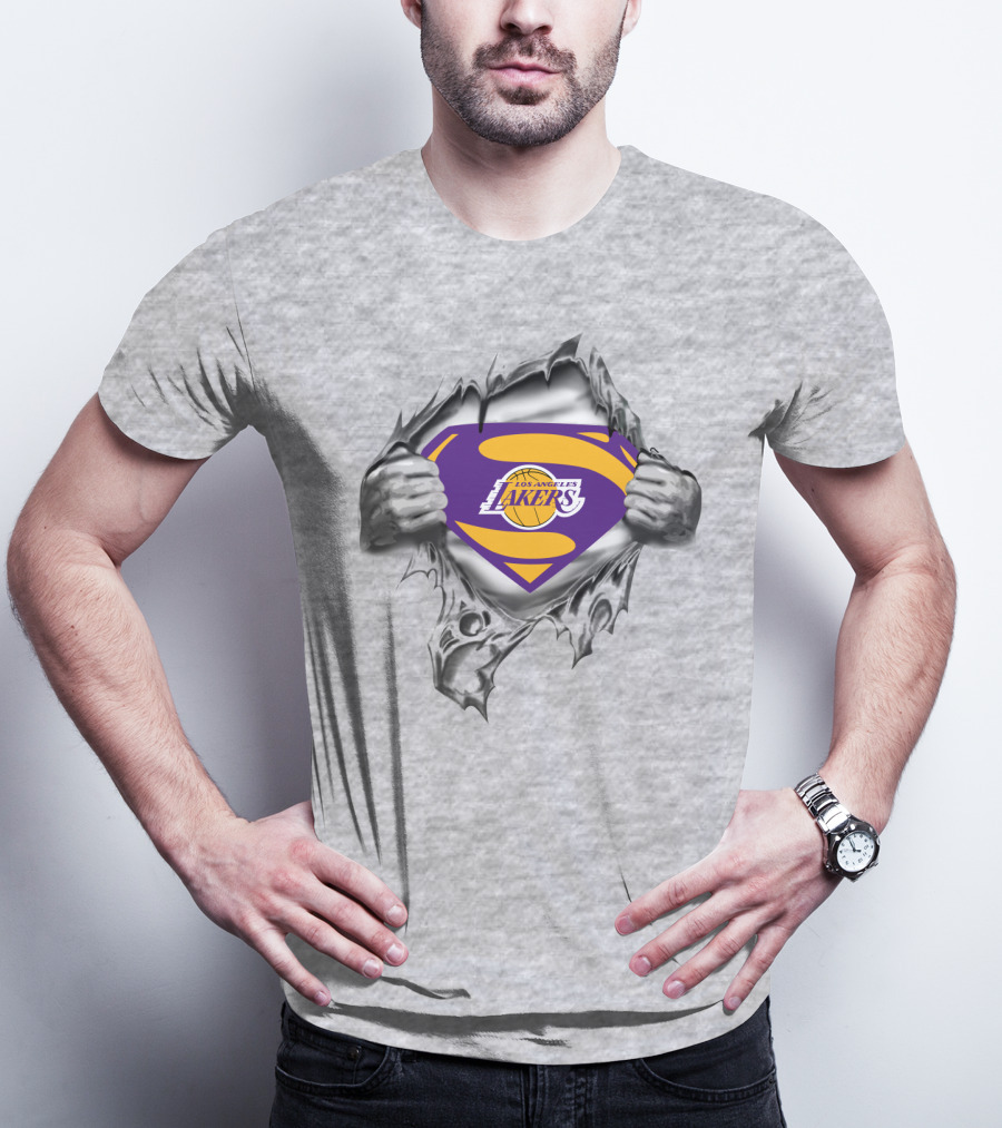 Superman Los Angeles Lakers Basketball Logo Inside Ripped T-Shirt