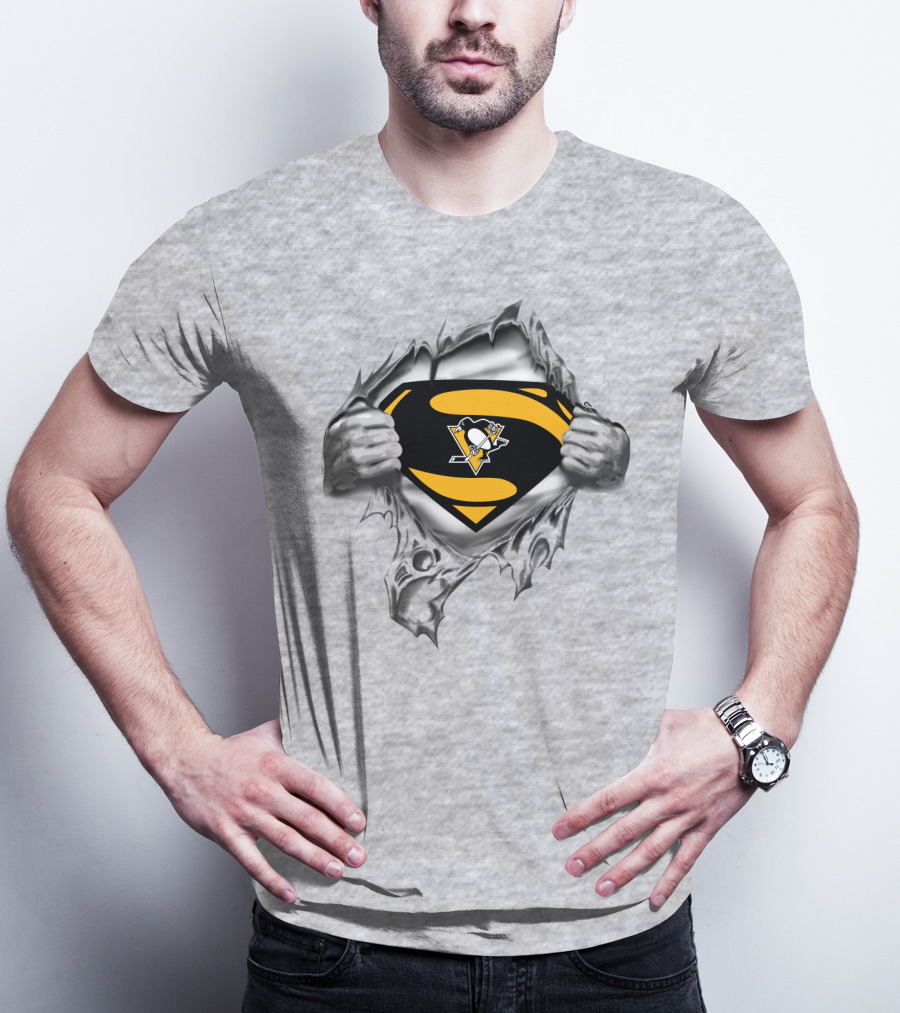 Superman Pittsburgh Penguins Logo Busting Through Silver T-Shirt