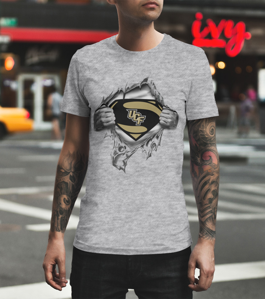 Ucf Knights Superhero Logo Grey Torn Chest T-Shirt