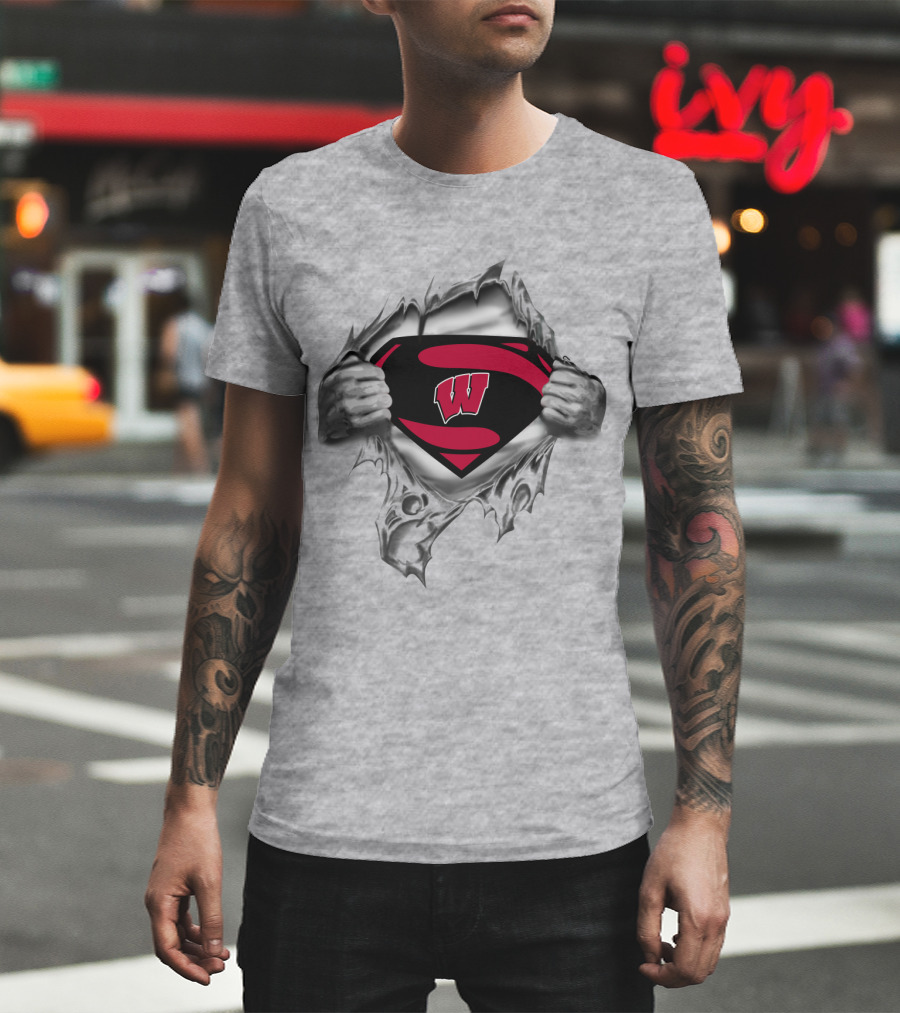 Wisconsin Badgers Superman Logo Ripped Chest T-Shirt