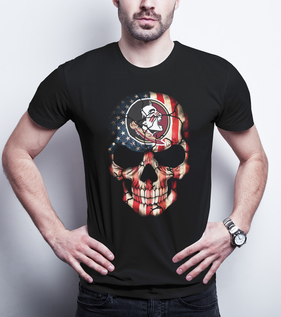 Florida State Seminoles Skull With American Flag Theme T-Shirt