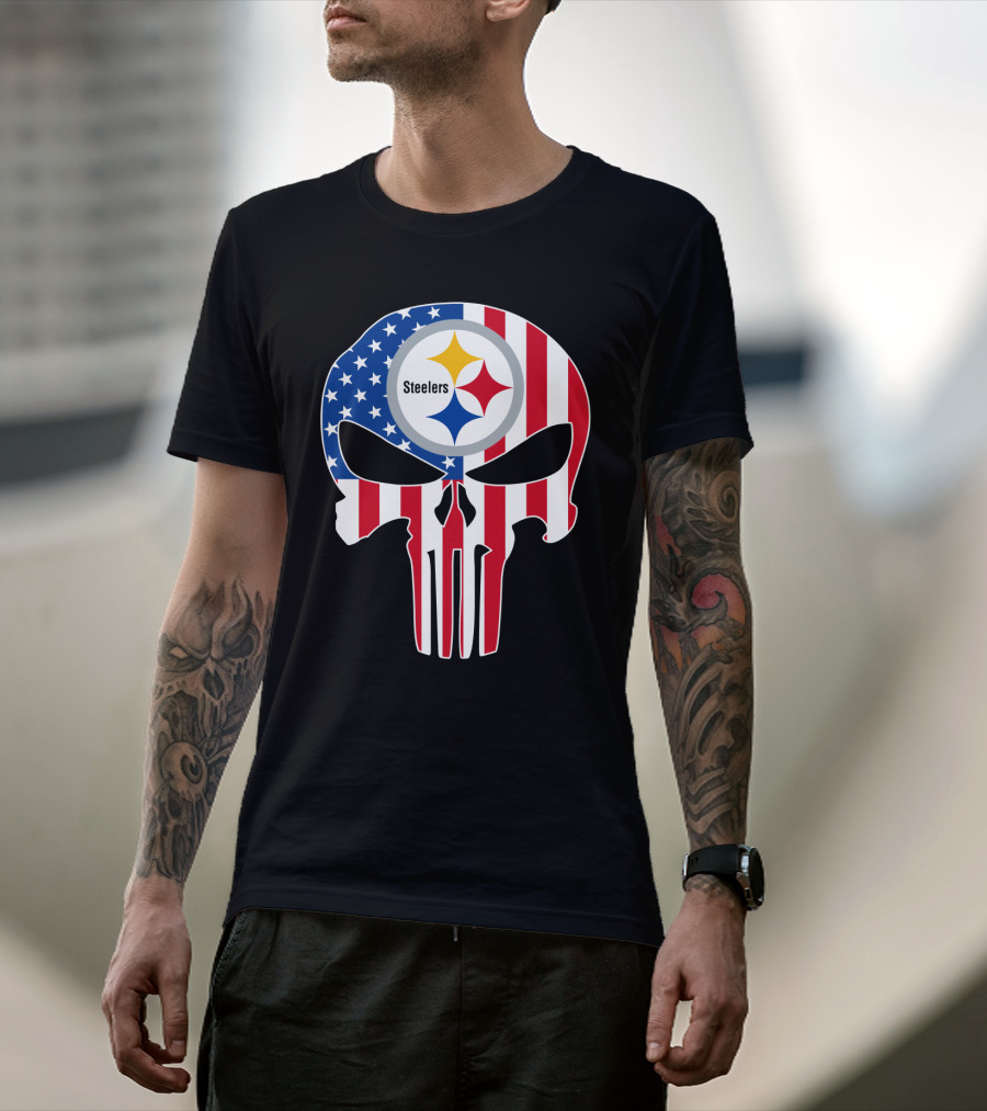 Steelers American Flag Skull T-Shirt