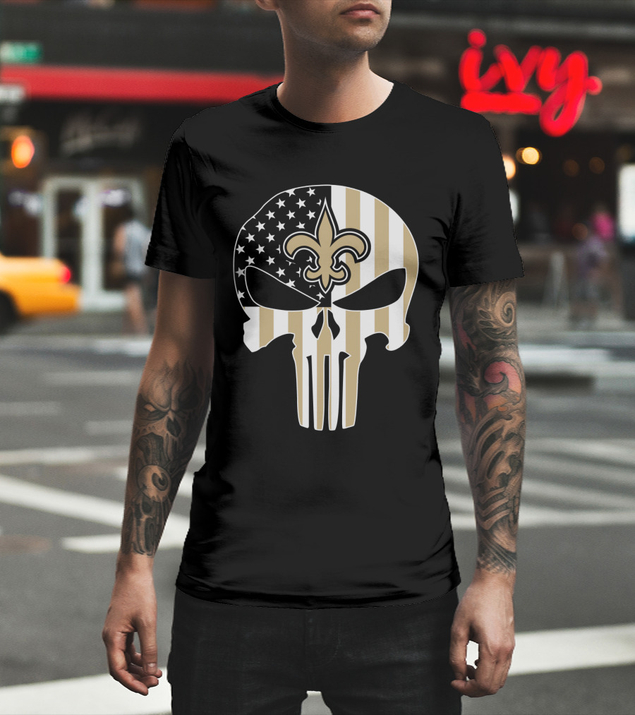 Saints Punisher Skull American Flag Fleur-De-Lis T-Shirt
